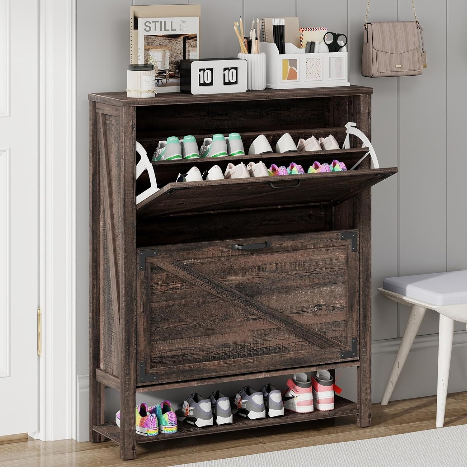 Shoe Cabinet with 2 Flip Drawers, 5 Tier Farmhouse Shoe Storage Cabinet ...