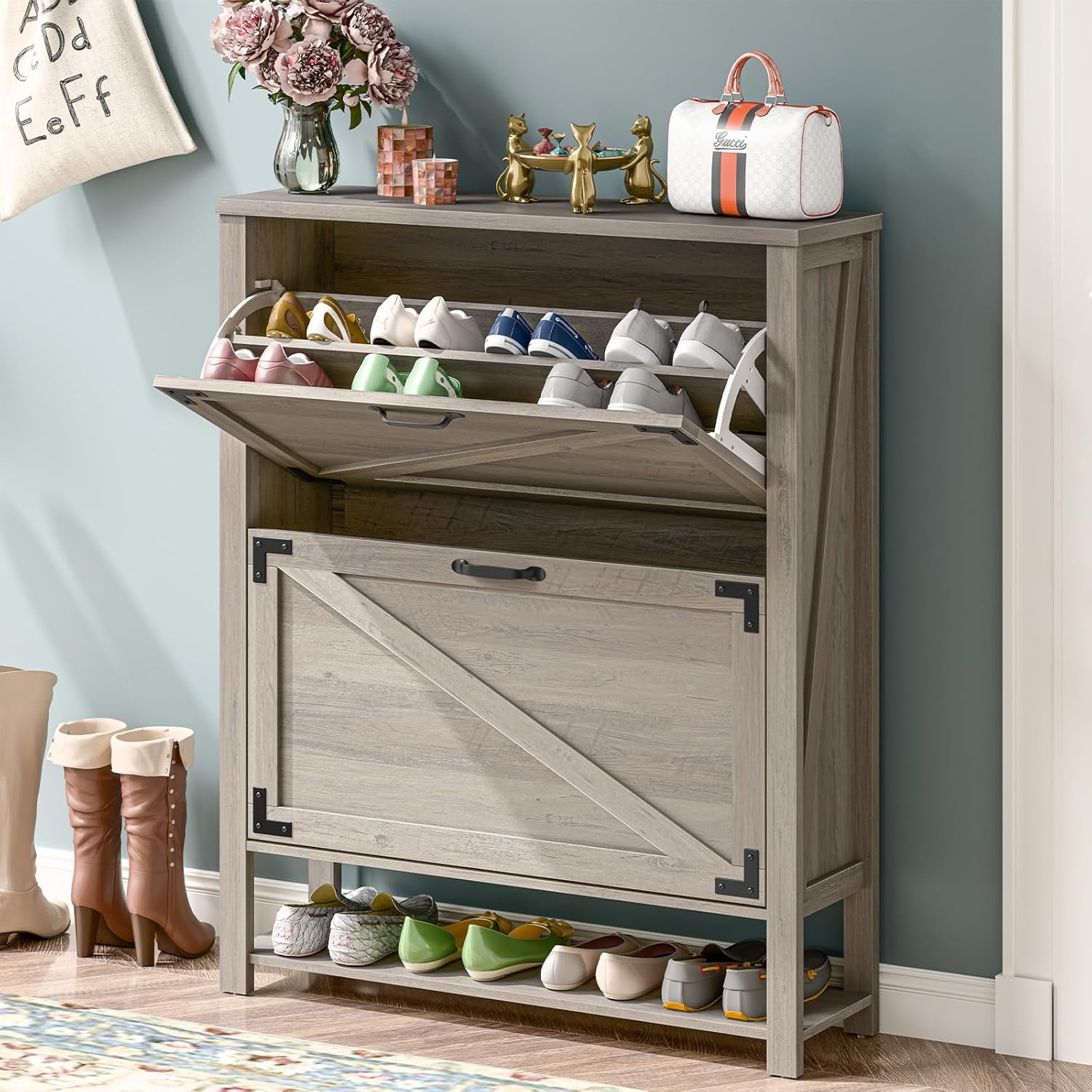 shoe cabinet with 2 flip drawers, 5 tier farmhouse shoe storage cabinet ...
