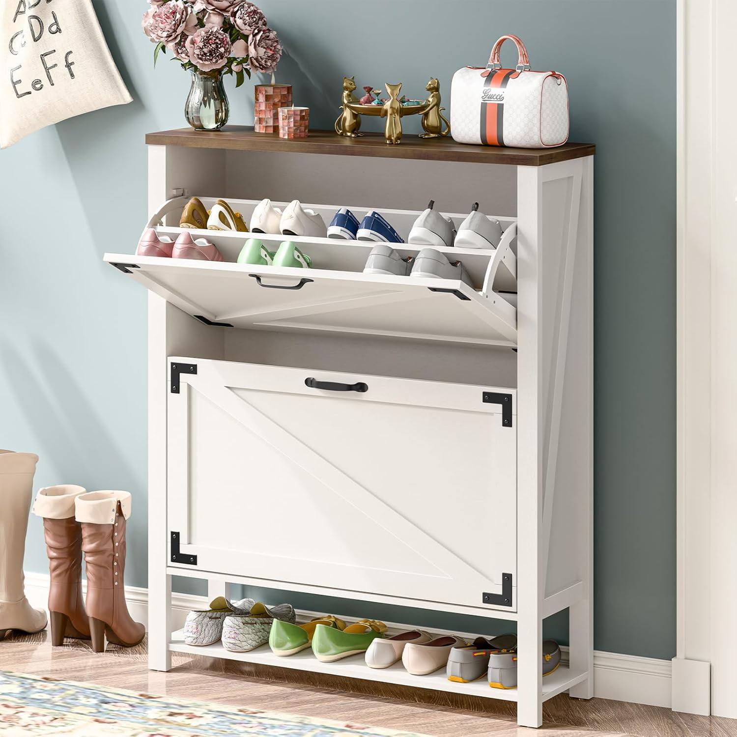 Shoe Cabinet with 2 Flip Drawers, 5 Tier Farmhouse Shoe Storage Cabinet ...