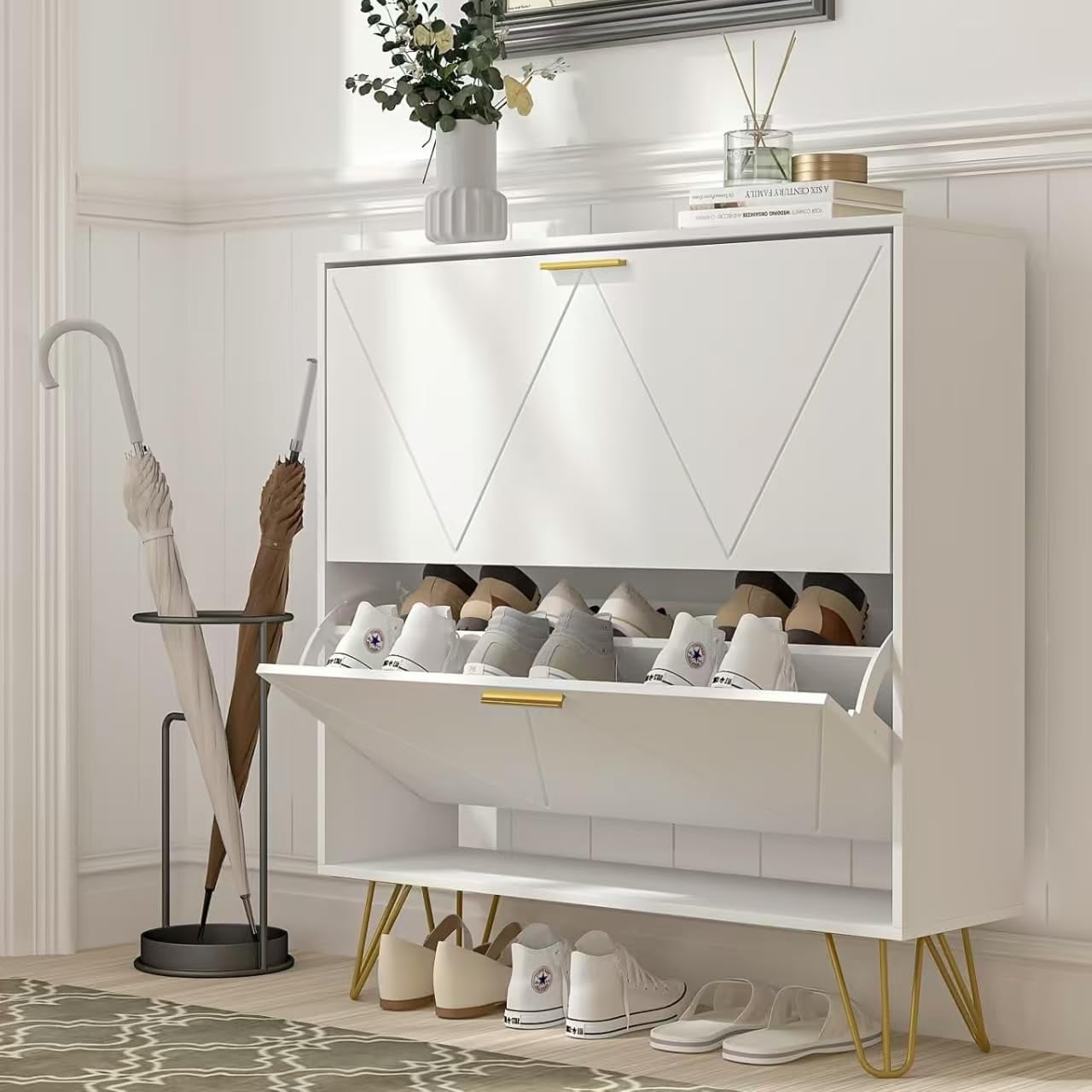 Shoe Cabinet with 2 Flip Drawers Black Shoe Storage Cabinet Slim Wooden ...