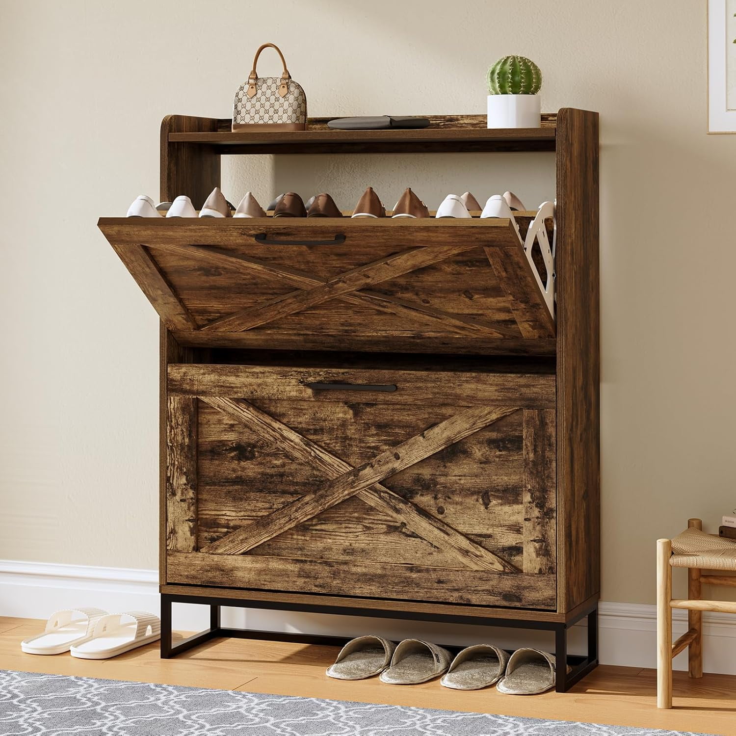 Shoe Cabinet with 2 Flip Drawers On Clearance, Freestanding Shoe ...