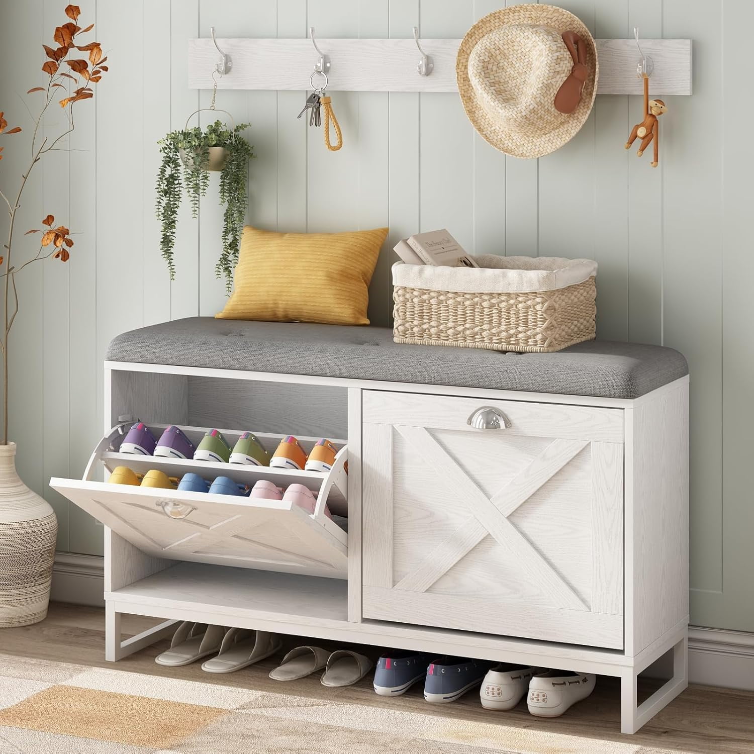 Shoe Cabinet with 2 Flip Drawers & Coat Rack, Shoe Storage Bench with ...