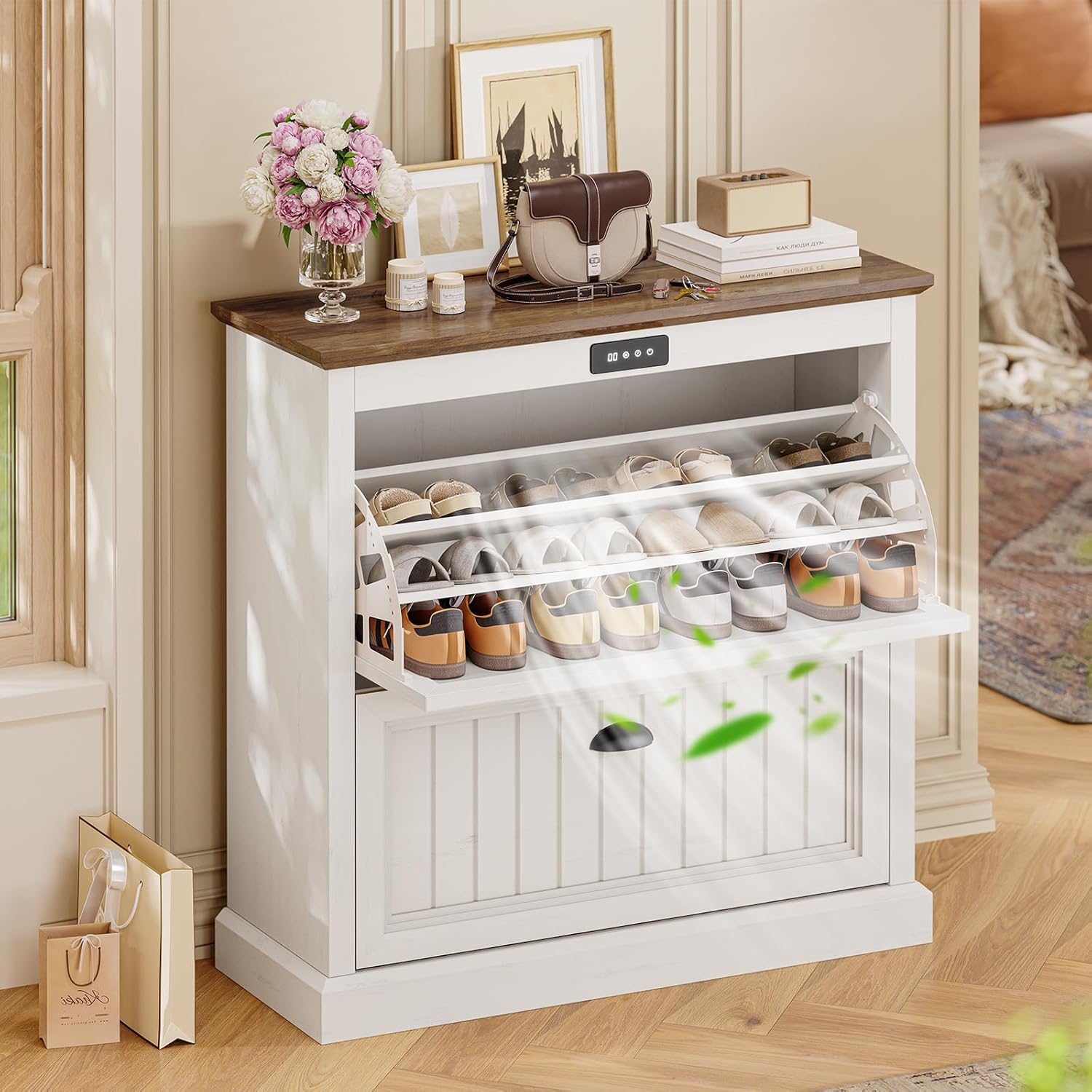 Shoe Cabinet with 2 Flip Drawers, Deodorizing Shoe Organizer Storage ...