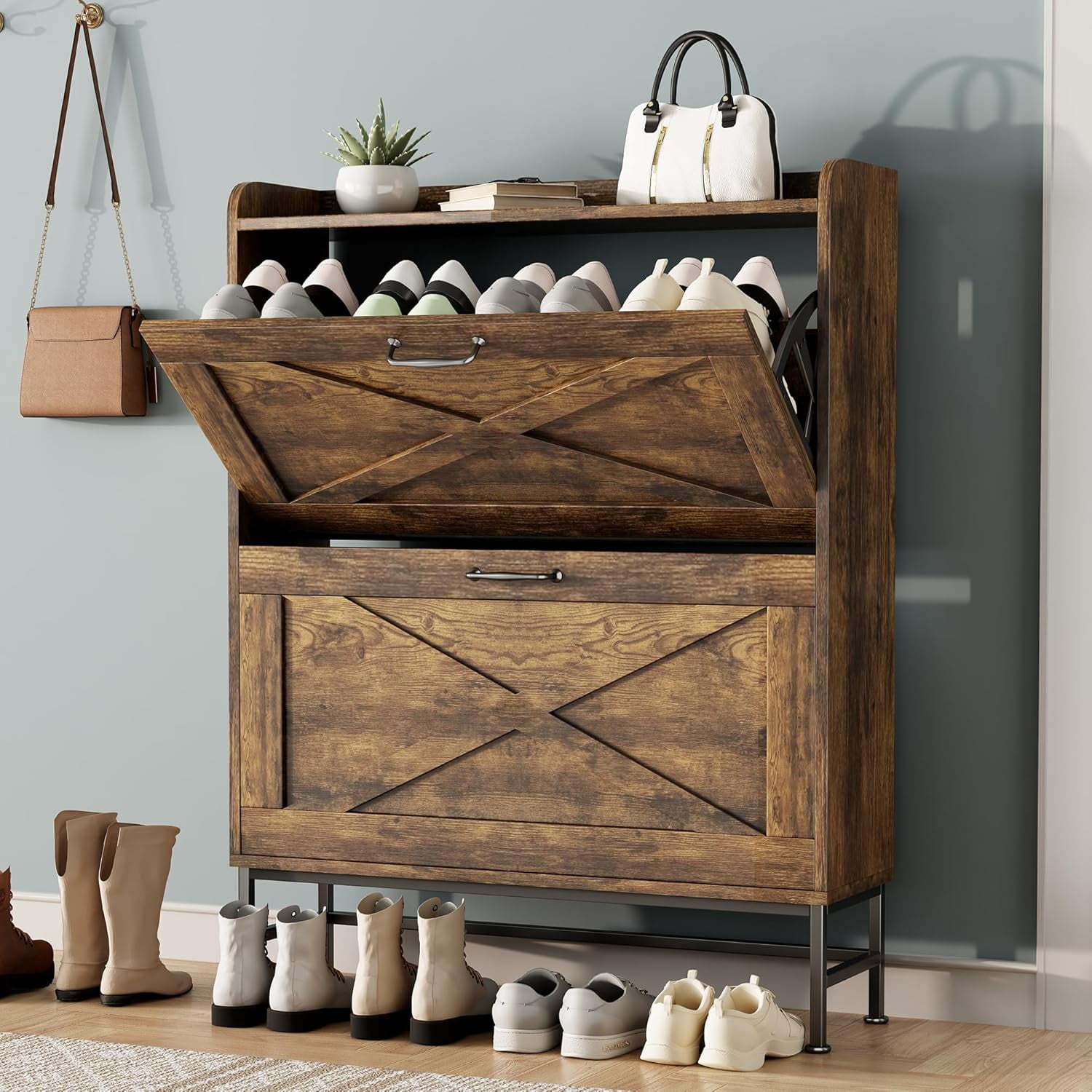 Shoe Cabinet with 2 Flip Drawers, Entryway Shoe Storage, Freestanding ...