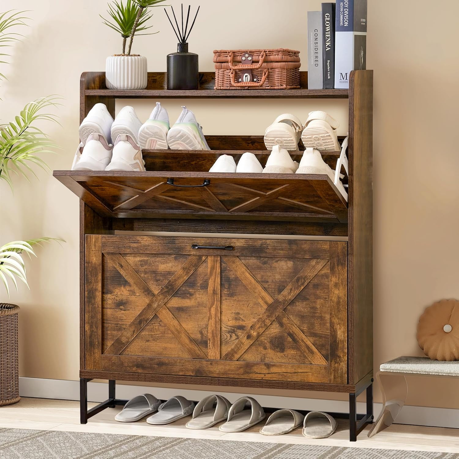 Shoe Cabinet with 2 Flip Drawers Farmhouse Hidden Shoe Storage Cabinet ...