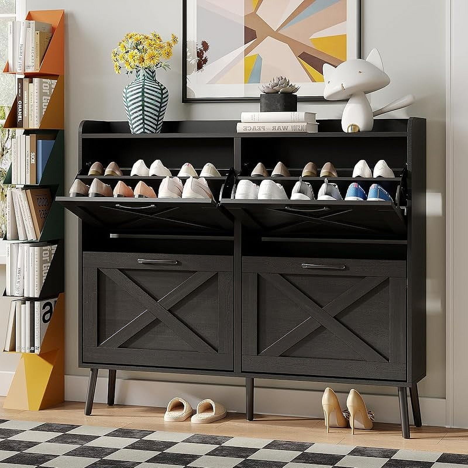 Shoe Cabinet with 2 Flip Drawers, Freestanding Shoe Cabinet Organizer ...