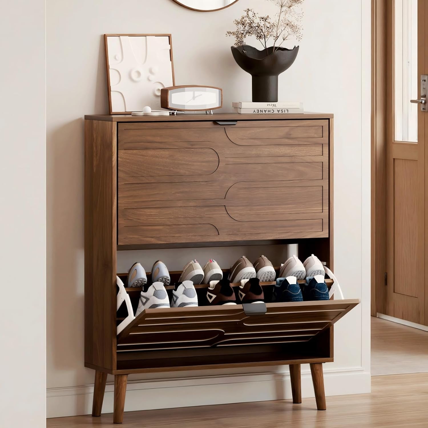 Shoe Cabinet with 2 Flip Drawers, Freestanding Shoe Storage Cabinet ...