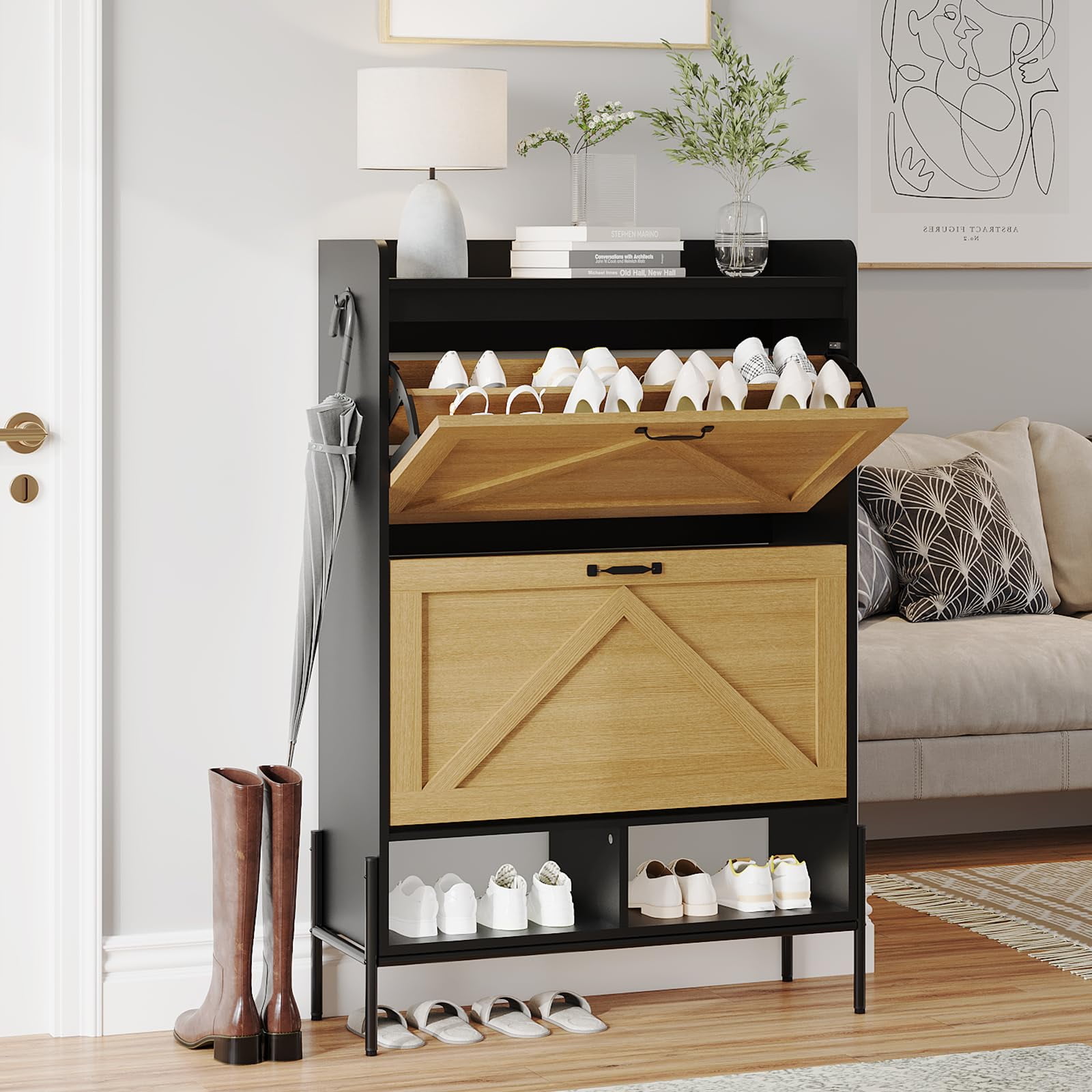 Shoe Cabinet with 2 Flip Drawers,Freestanding Shoe Storage Cabinet ...