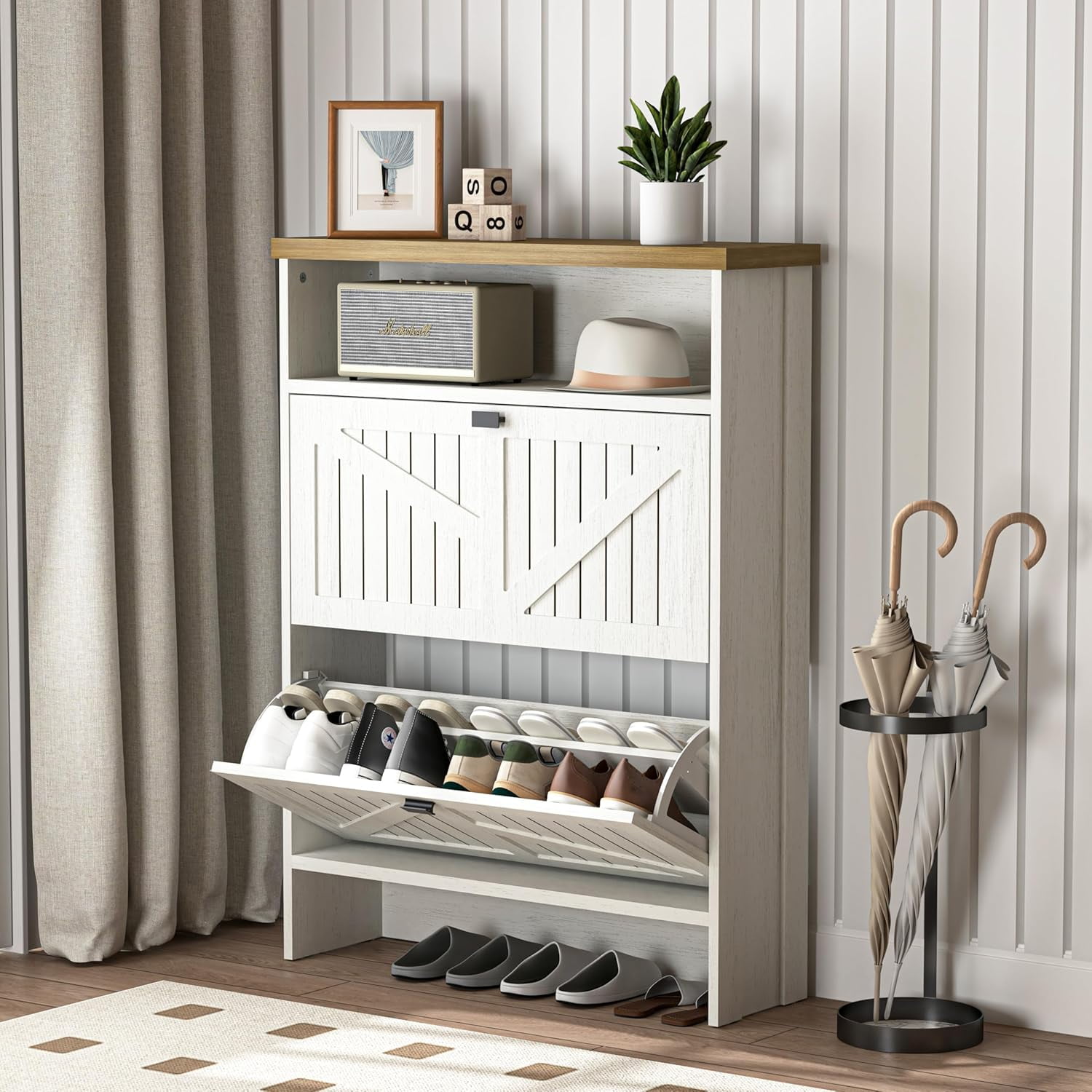Shoe Cabinet with 2 Flip Drawers, Freestanding Shoes Storage with Open ...