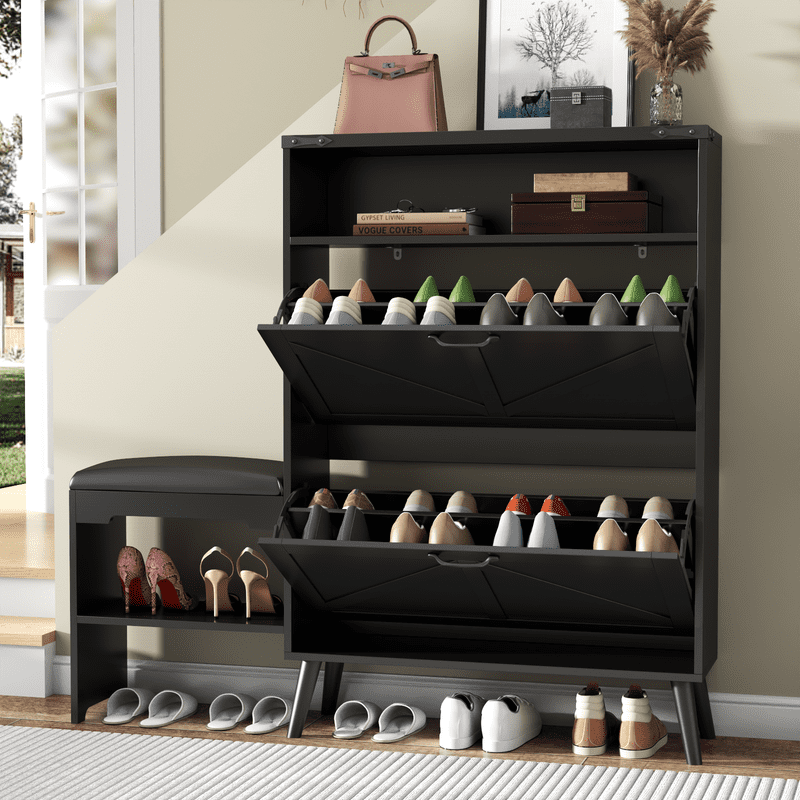 Shoe Cabinet with 2 Flip Drawers, Freestanding Tipping Bucket Shoe Rack ...