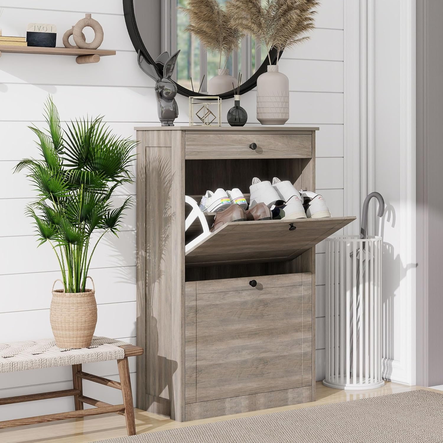 Shoe Cabinet with 2 Flip Drawers, Narrow Freestanding Shoe Storage ...