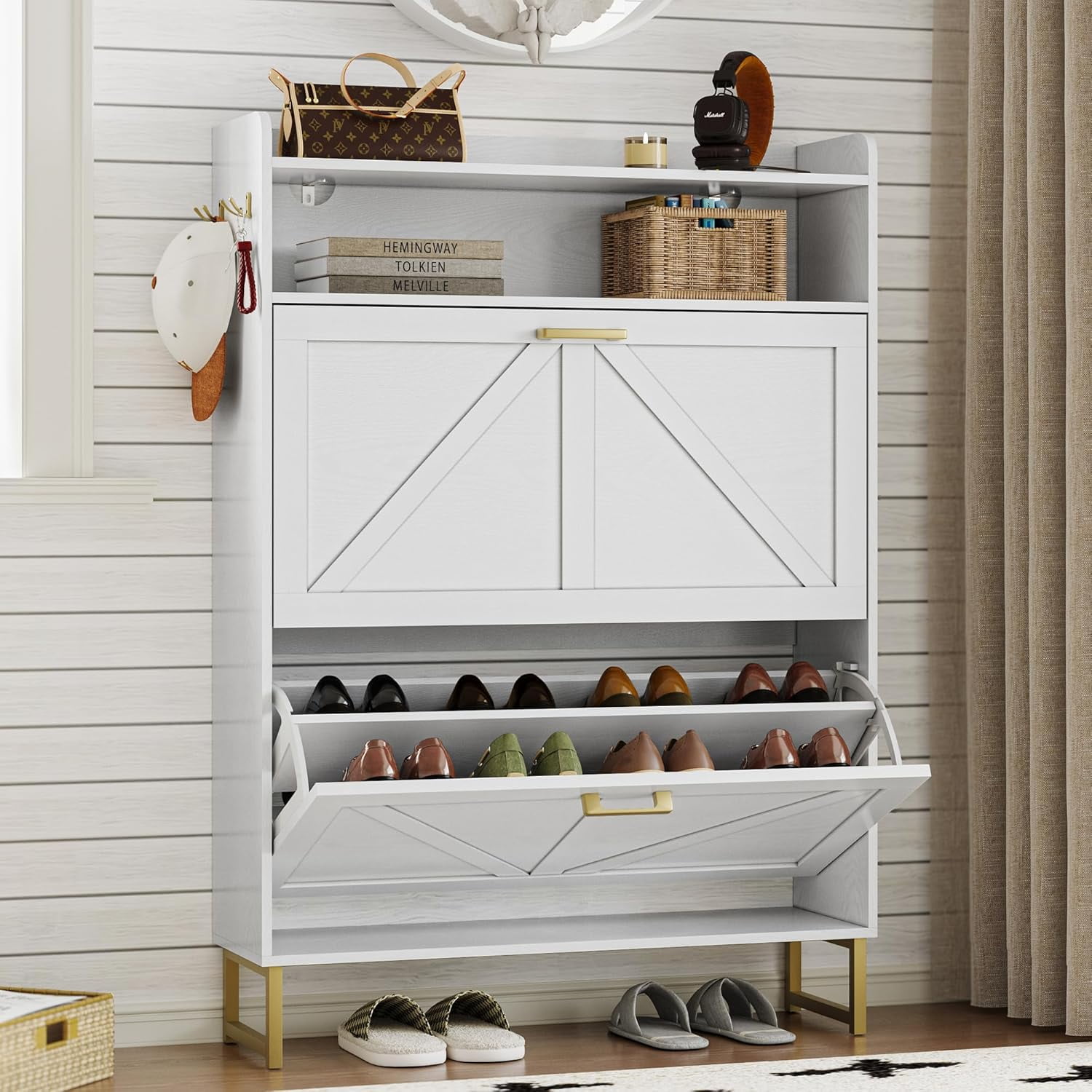 Shoe Cabinet with 2 Flip Drawers Narrow Shoe Storage Cabinet Organizer ...