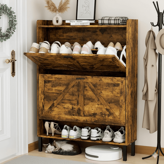 Shoe Cabinet with 2 Flip Drawers, Narrow Wooden Shoe Rack for Entryway ...