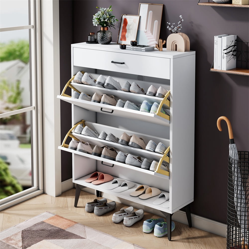 Shoe Cabinet with 2 Flip Drawers and Open Storage Shelf, Modern Free ...
