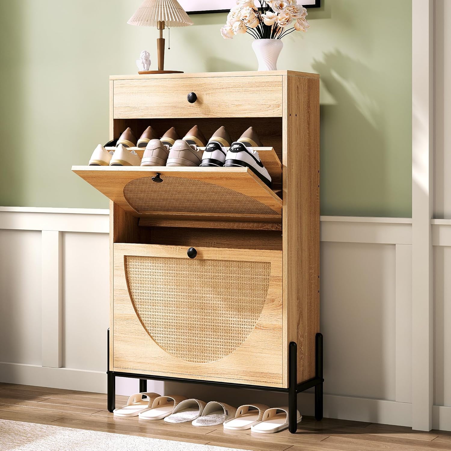 Shoe Cabinet with 2 Flip Drawers, Shoe Storage Cabinet for Entryway ...