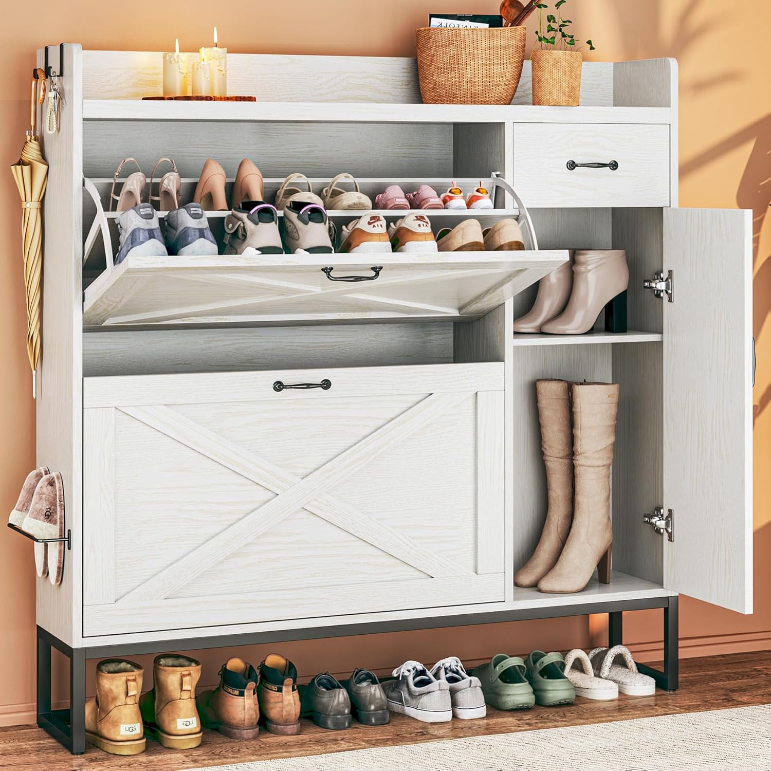 Shoe Cabinet with 2 Flip Drawers & Side Cabinet, Shoes Cabinet with ...