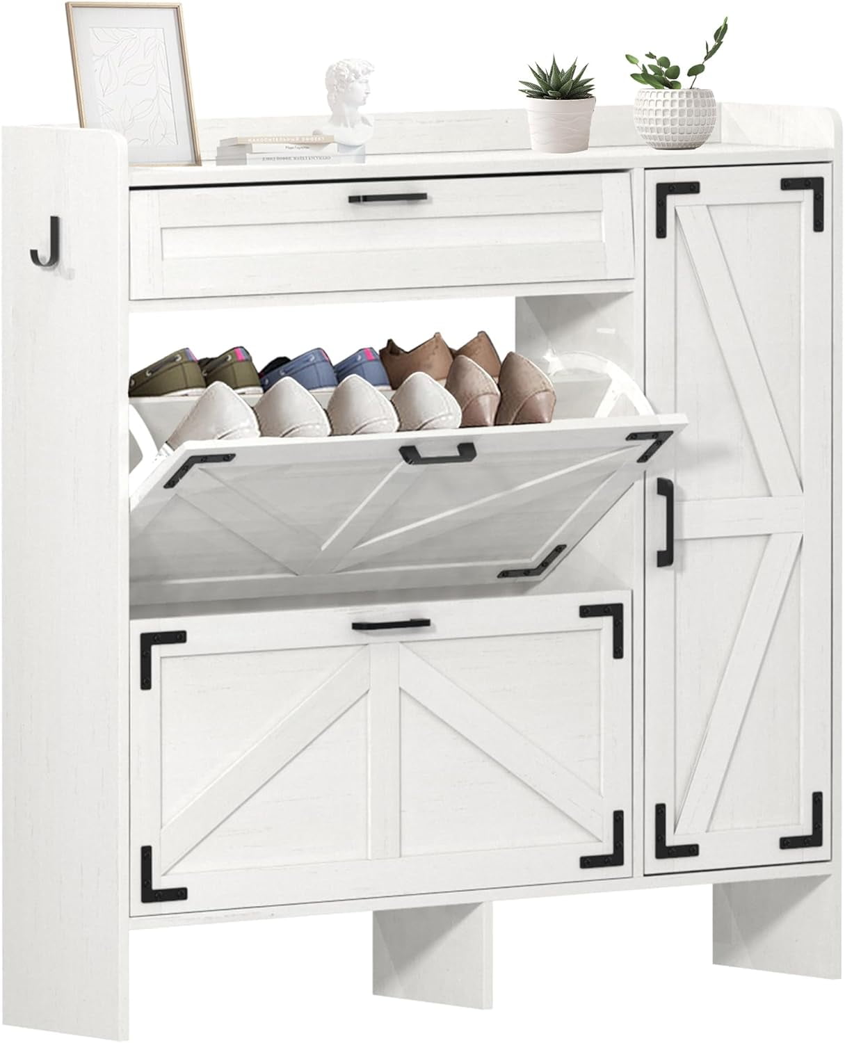 Shoe Cabinet with 2 Flip Drawers & Side Doors, Shoe Storage Cabinet for ...