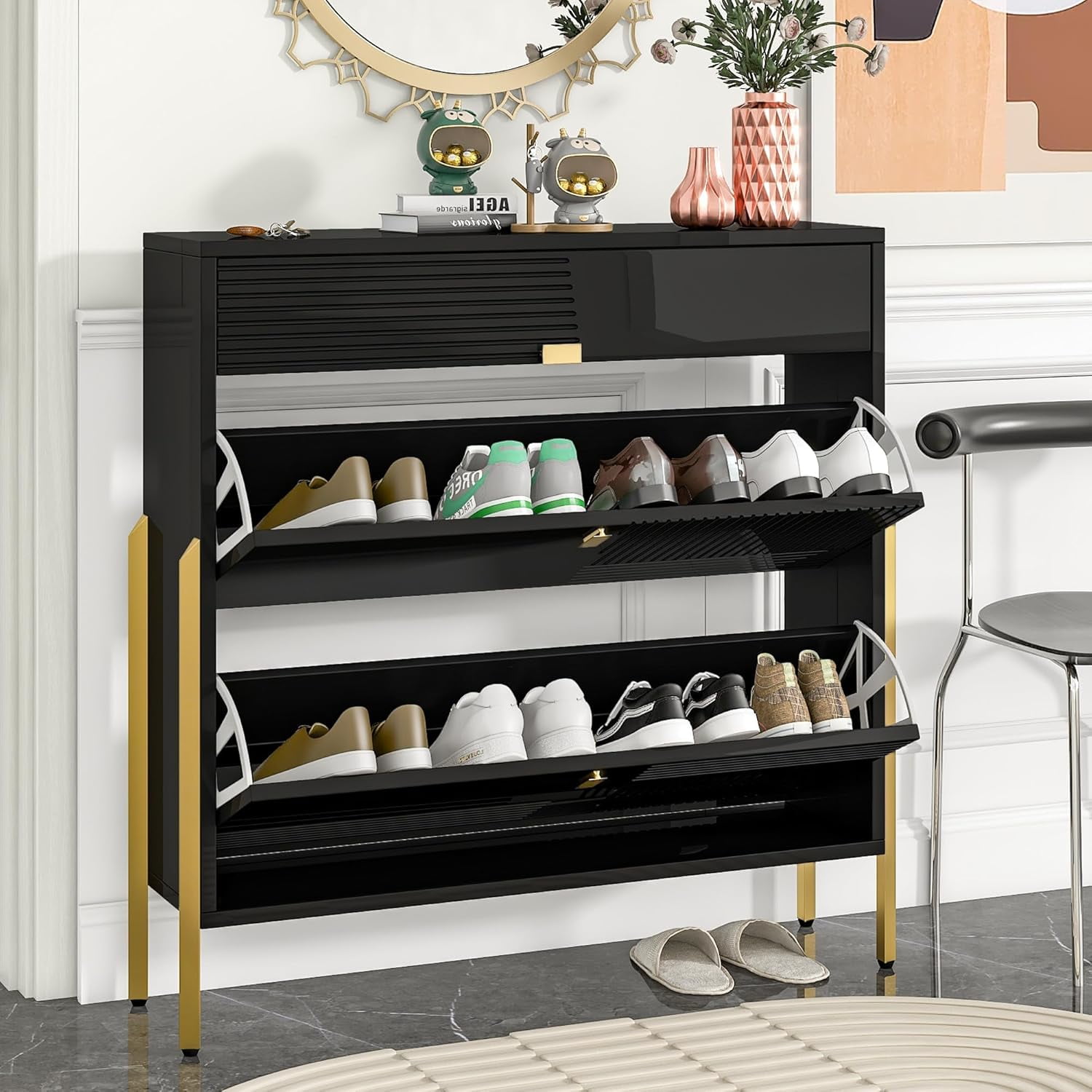 Shoe Cabinet with 2 Flip Drawers and Slide Drawer,Modern 2-Tier Shoe ...