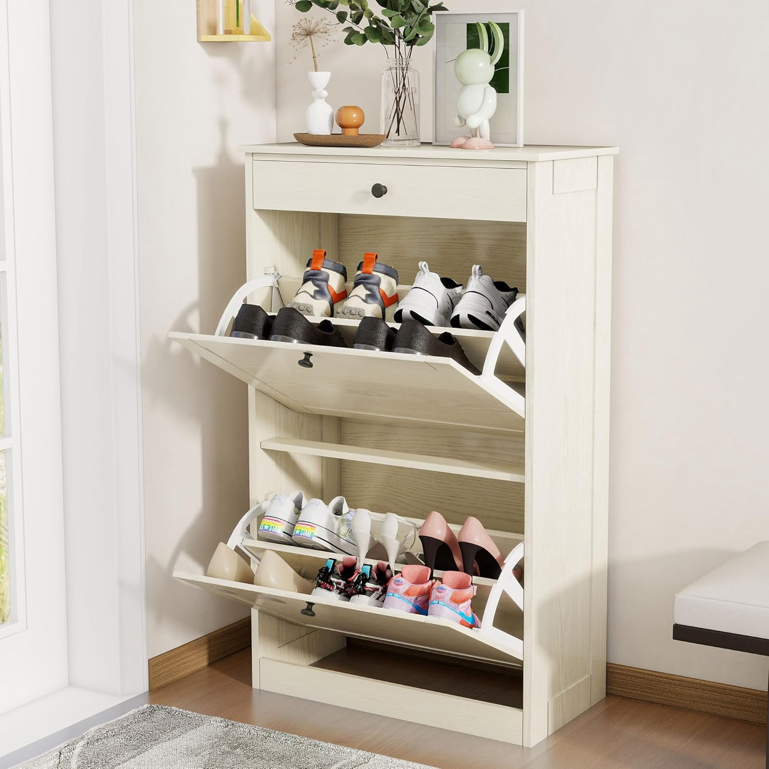 Shoe Cabinet with 2 Flip Drawers, Slim Freestanding Hidden Shoe ...