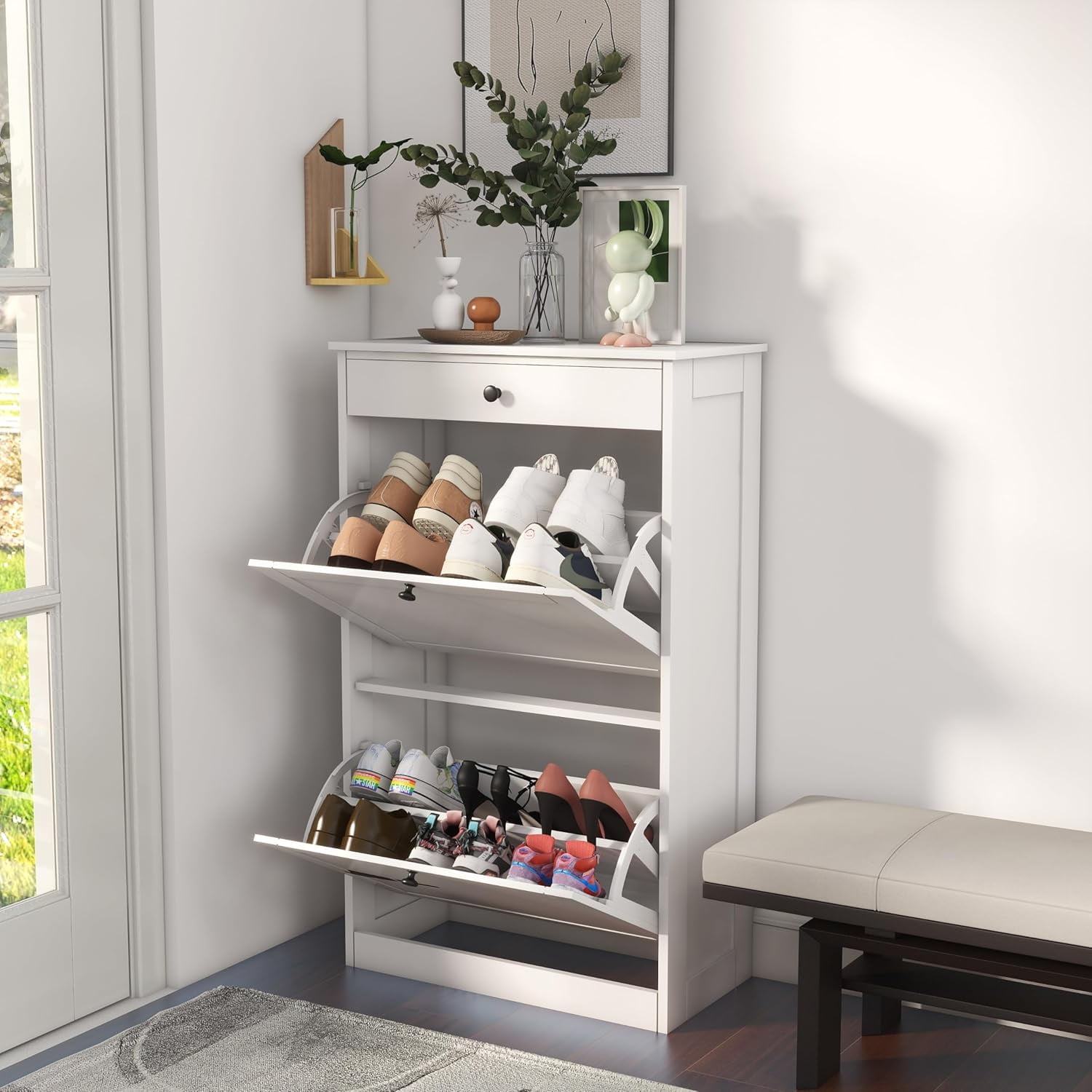 Shoe Cabinet with 2 Flip Drawers, Slim Freestanding Hidden Shoe ...