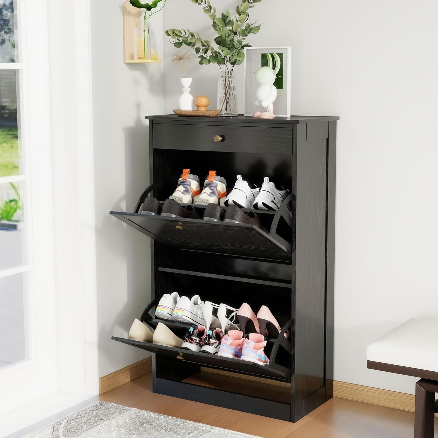 Shoe Cabinet with 2 Flip Drawers, Slim Freestanding Hidden Shoe ...