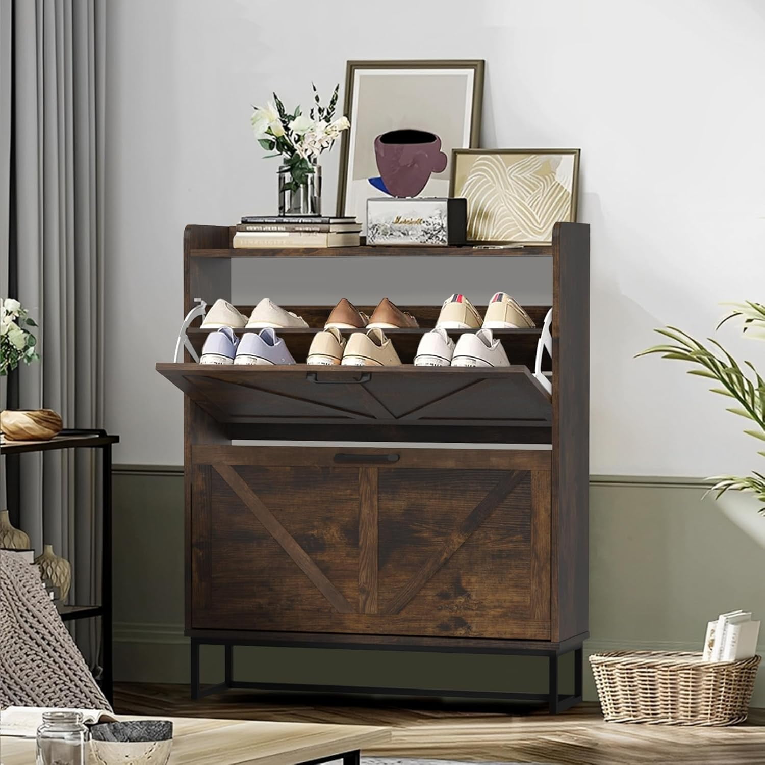 Shoe Cabinet with 2 Flip Drawers, Slim Shoe Organizer Cabinet for ...