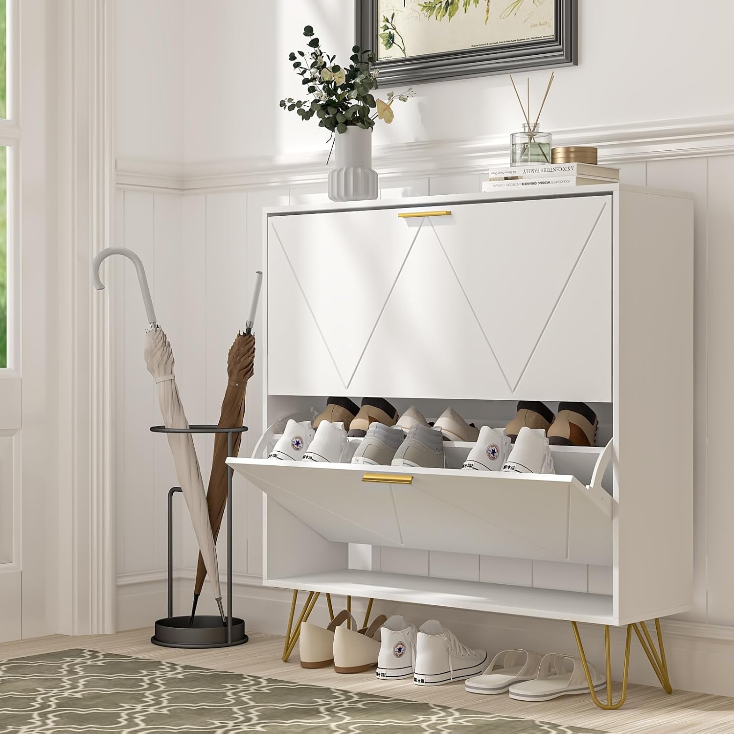 Shoe Cabinet with 2 Flip Drawers, White Shoe Storage Cabinet, Slim ...