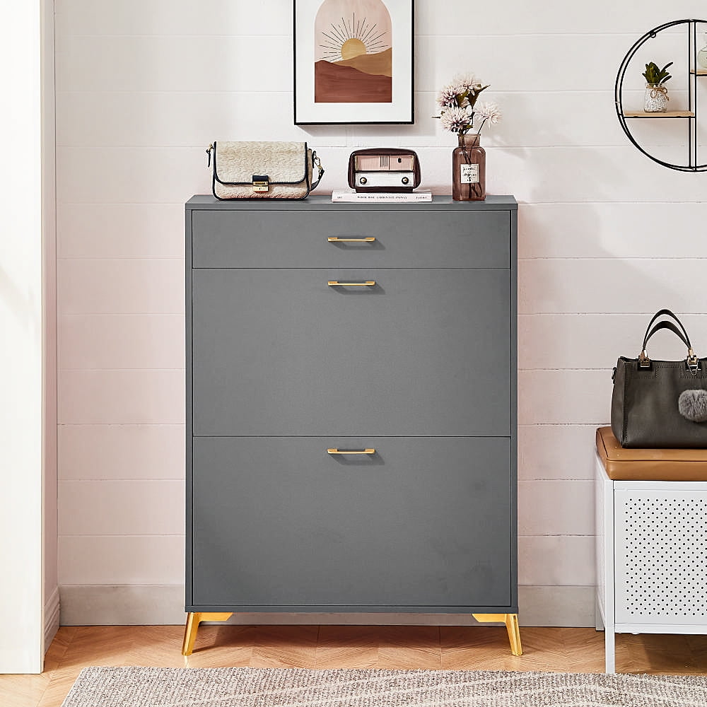Shoe Cabinet with 2 Flip-up Drawers, Modern Freestanding Shoe Rack ...
