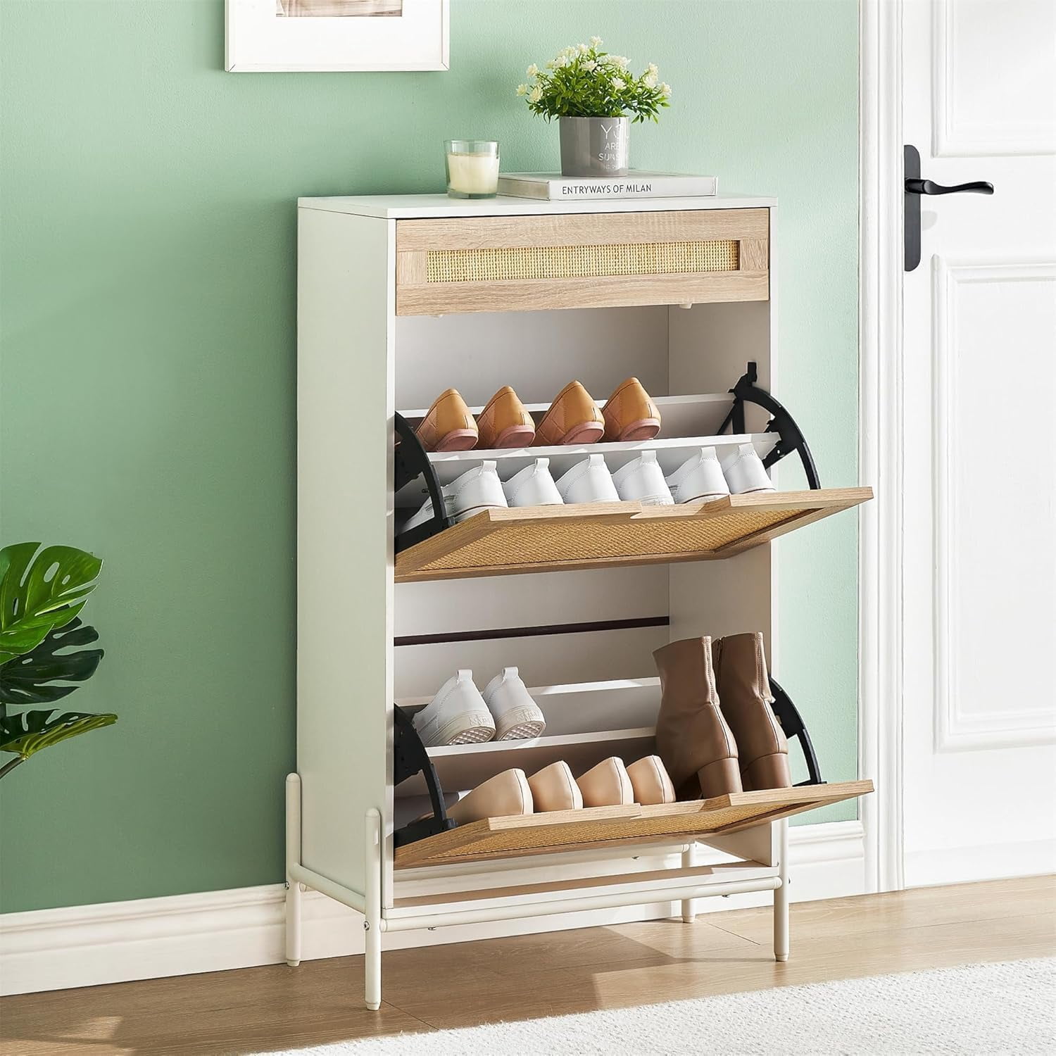 Shoe Cabinet，2-in-1 Flap Door and Drawer，Hidden Shoe Storage, Holds 12 ...