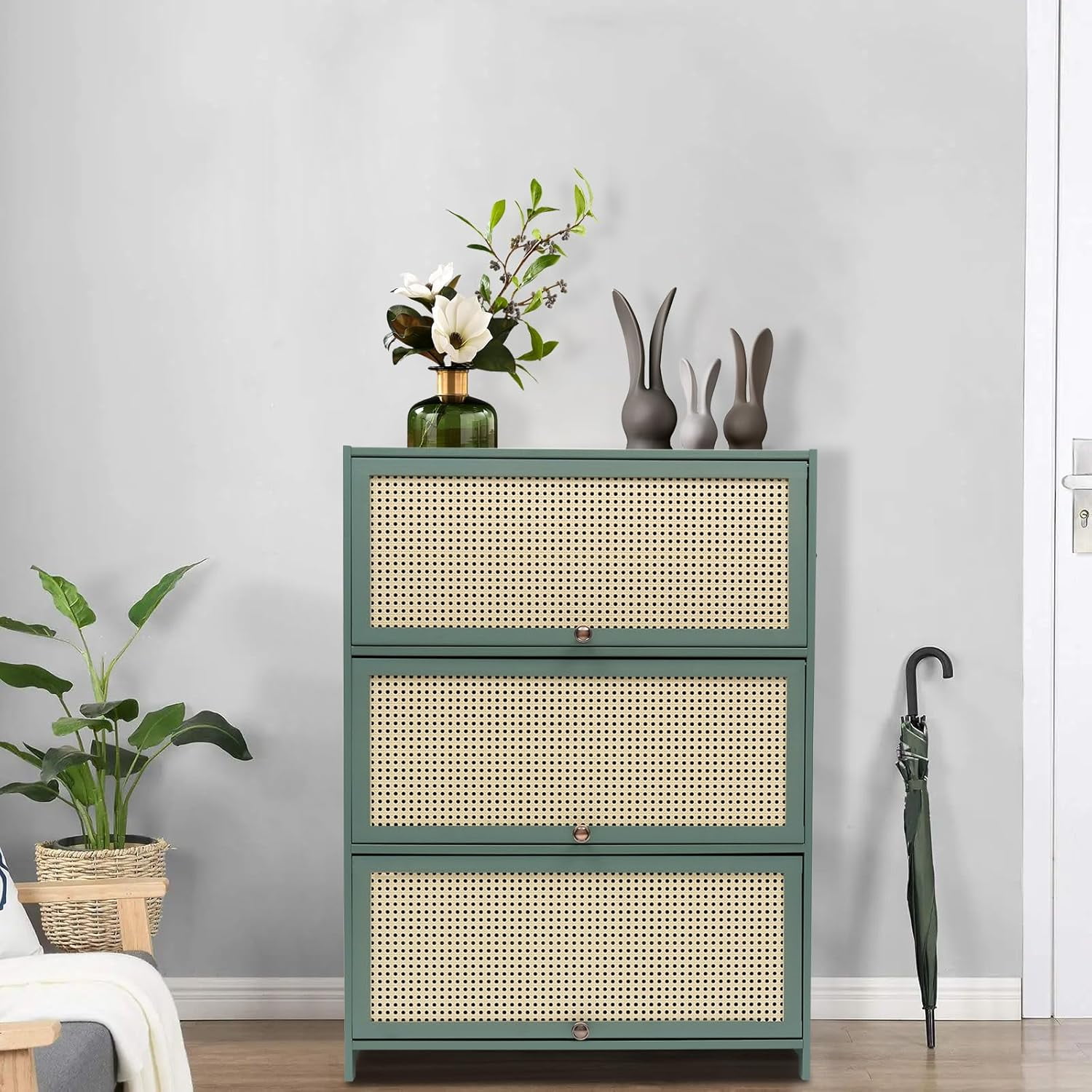Shoe Cabinet with 3 Doors, Freestanding Bamboo Green Shoe Storage ...