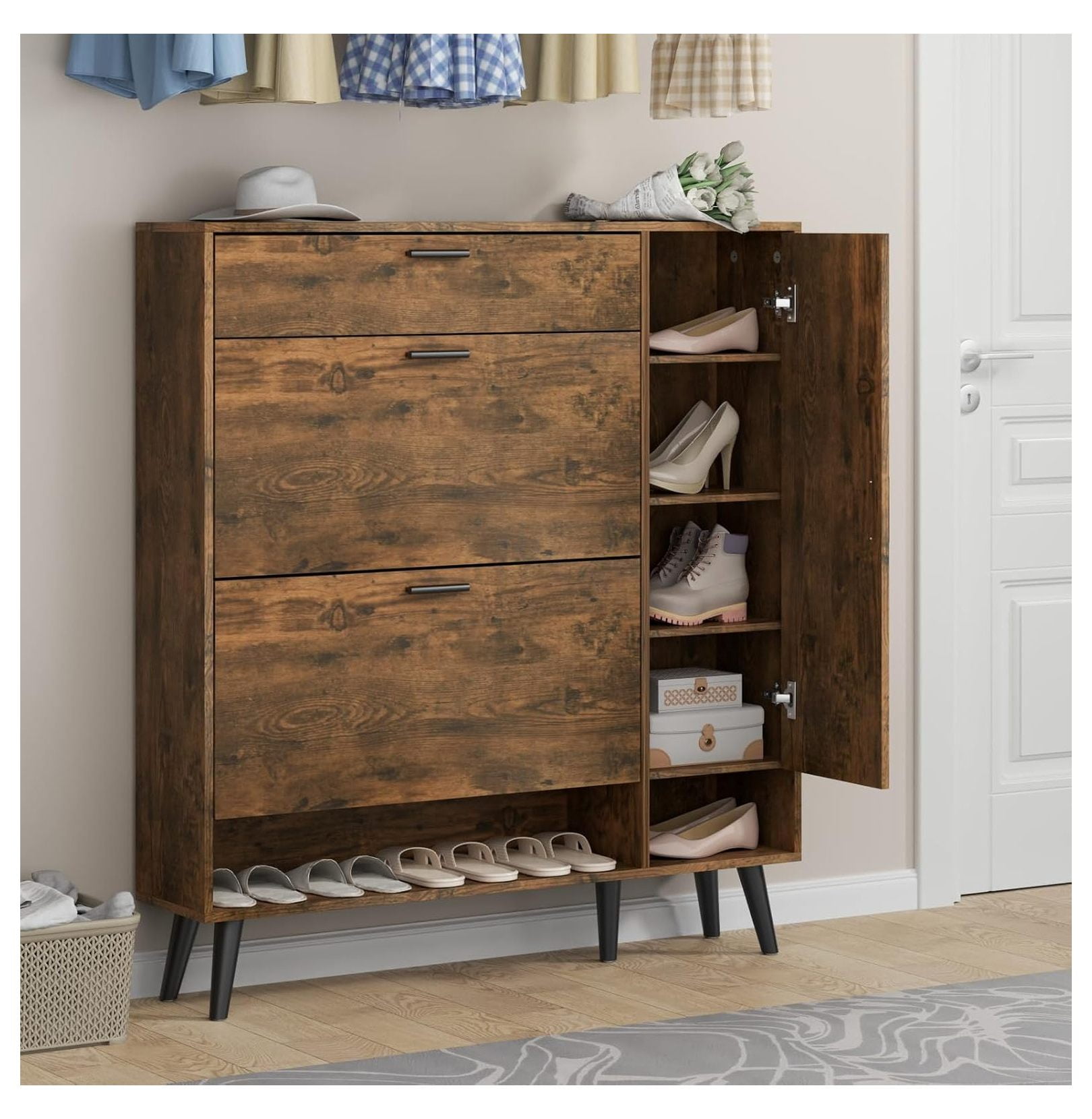 Shoe Cabinet with 3 Drawers & Side Cabinet and Adjustable Shelves ...