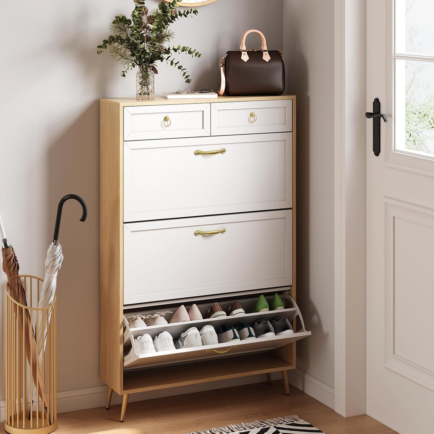 Shoe Cabinet with 3 Flip Drawers & 2 Drawers,Freestanding Shoe Cabinet ...