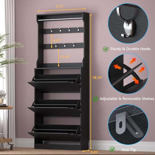 Shoe Cabinet with 3 Flip Drawers & Coat Rack, Narrow Hidden Shoe ...