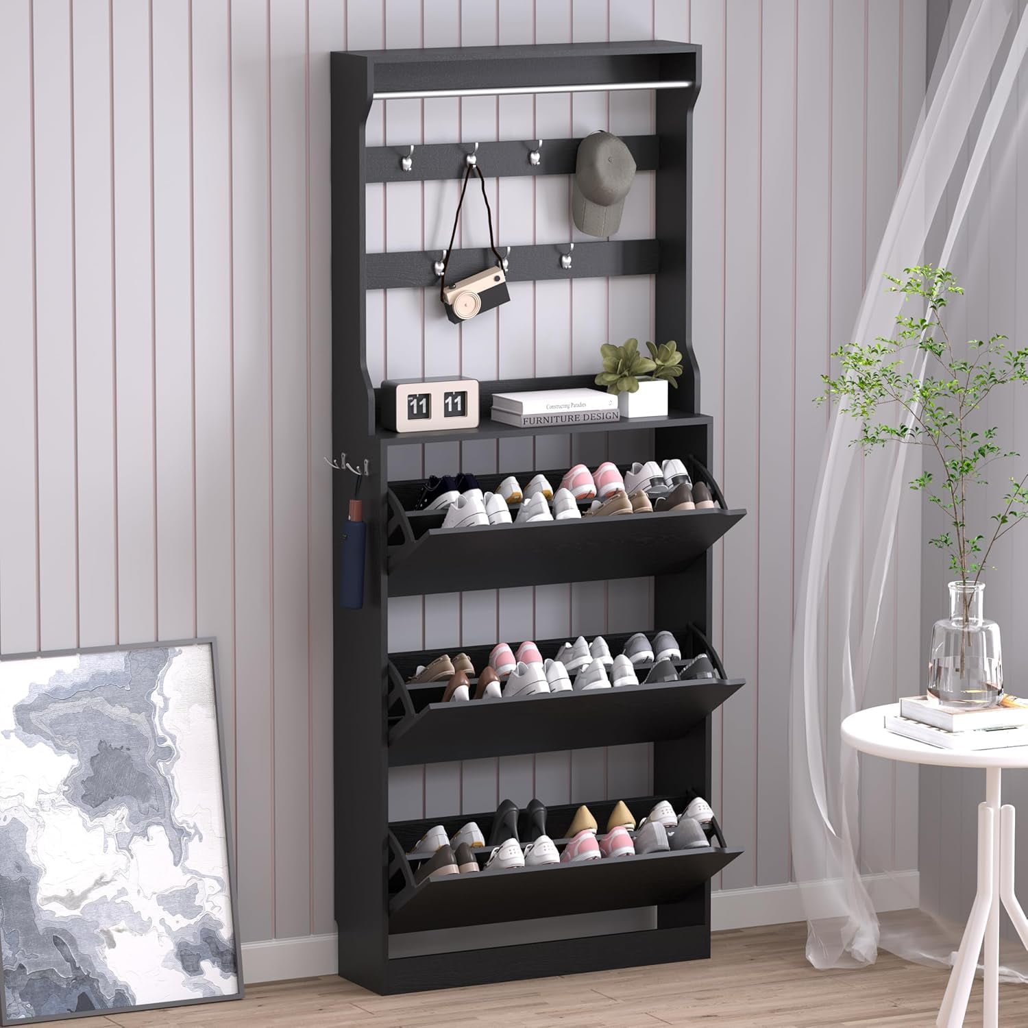Shoe Cabinet with 3 Flip Drawers & Coat Rack, Narrow Hidden Shoe ...