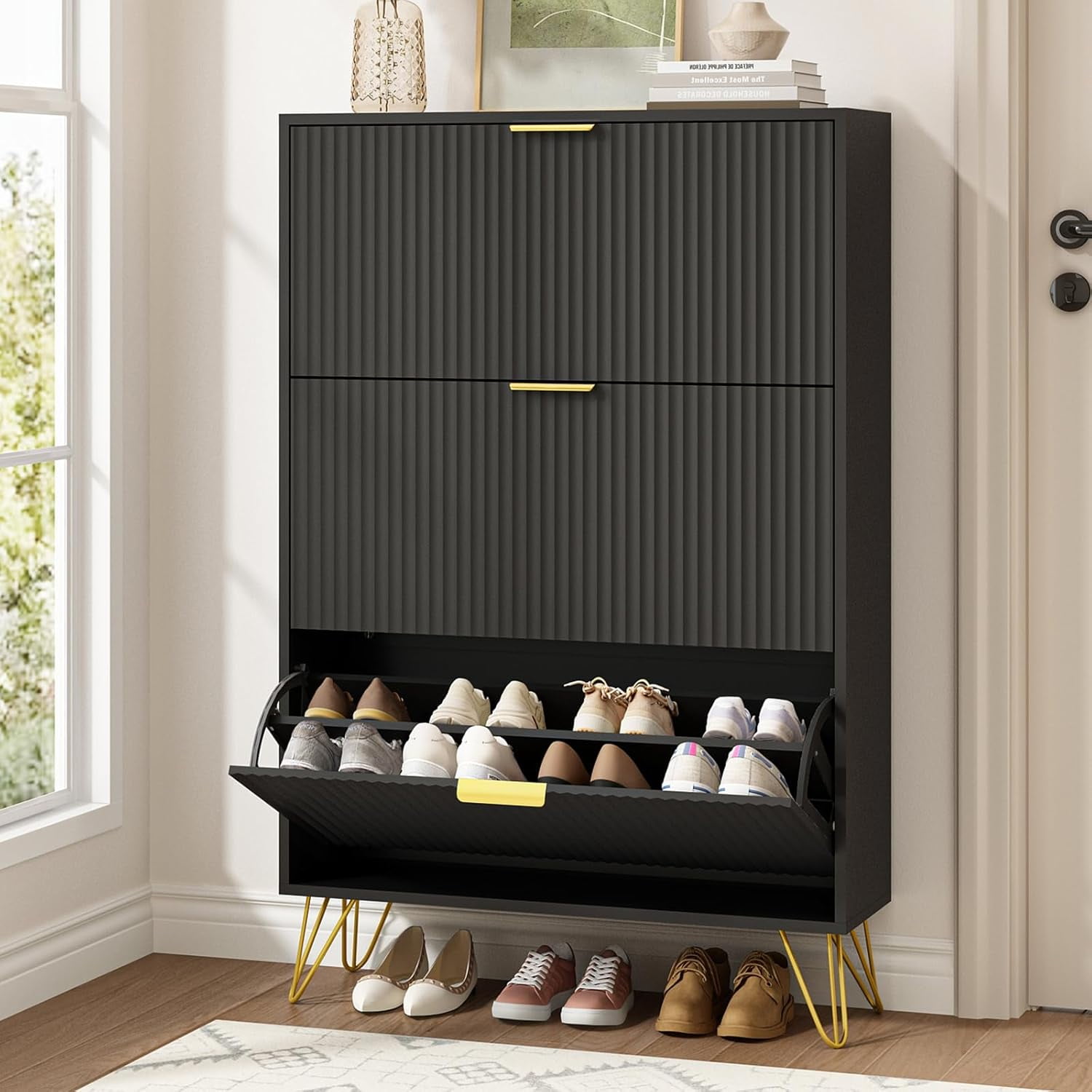 Shoe Cabinet with 3 Flip Drawers Narrow, Fluted Black Shoe Cabinet ...