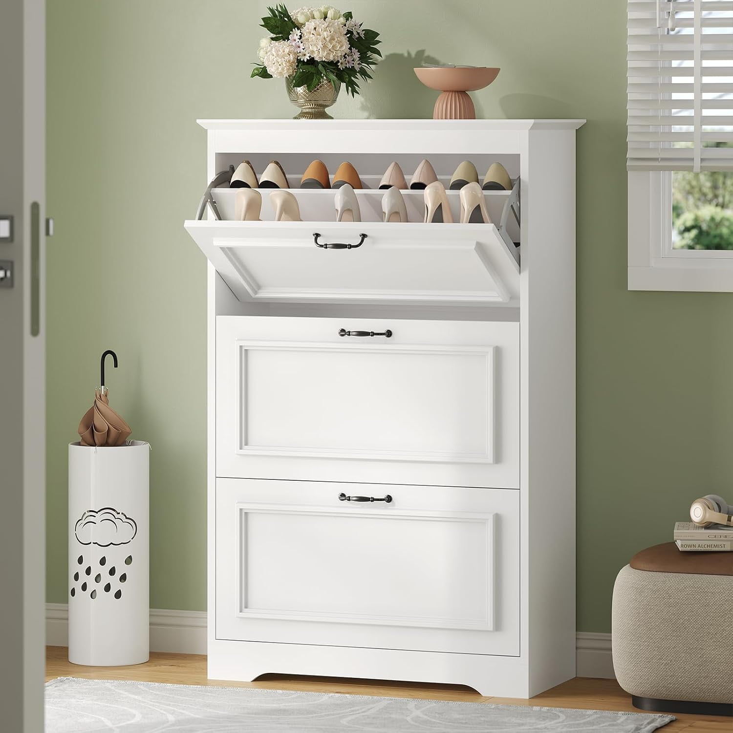 Shoe Cabinet with 3 Flip Drawers, Shoe Storage Cabinet with Metal Flip ...