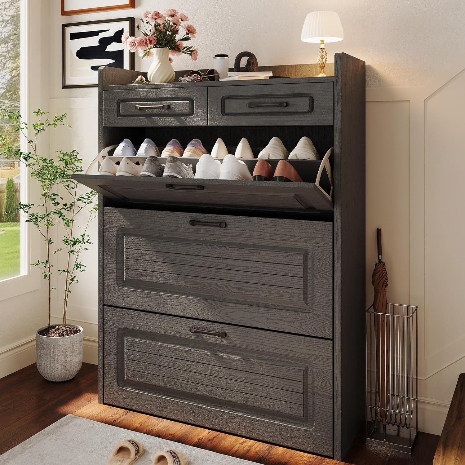 Shoe Cabinet with 3 Large Flip Drawers and 2 Storage Drawers, Narrow ...