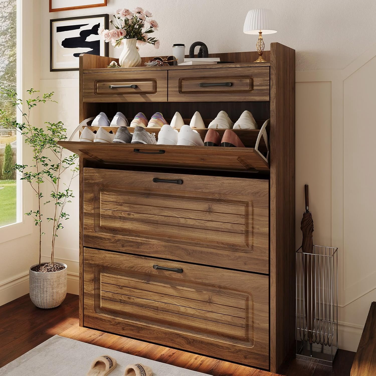 Shoe Cabinet with 3 Large Flip Drawers and 2 Storage Drawers, Narrow ...