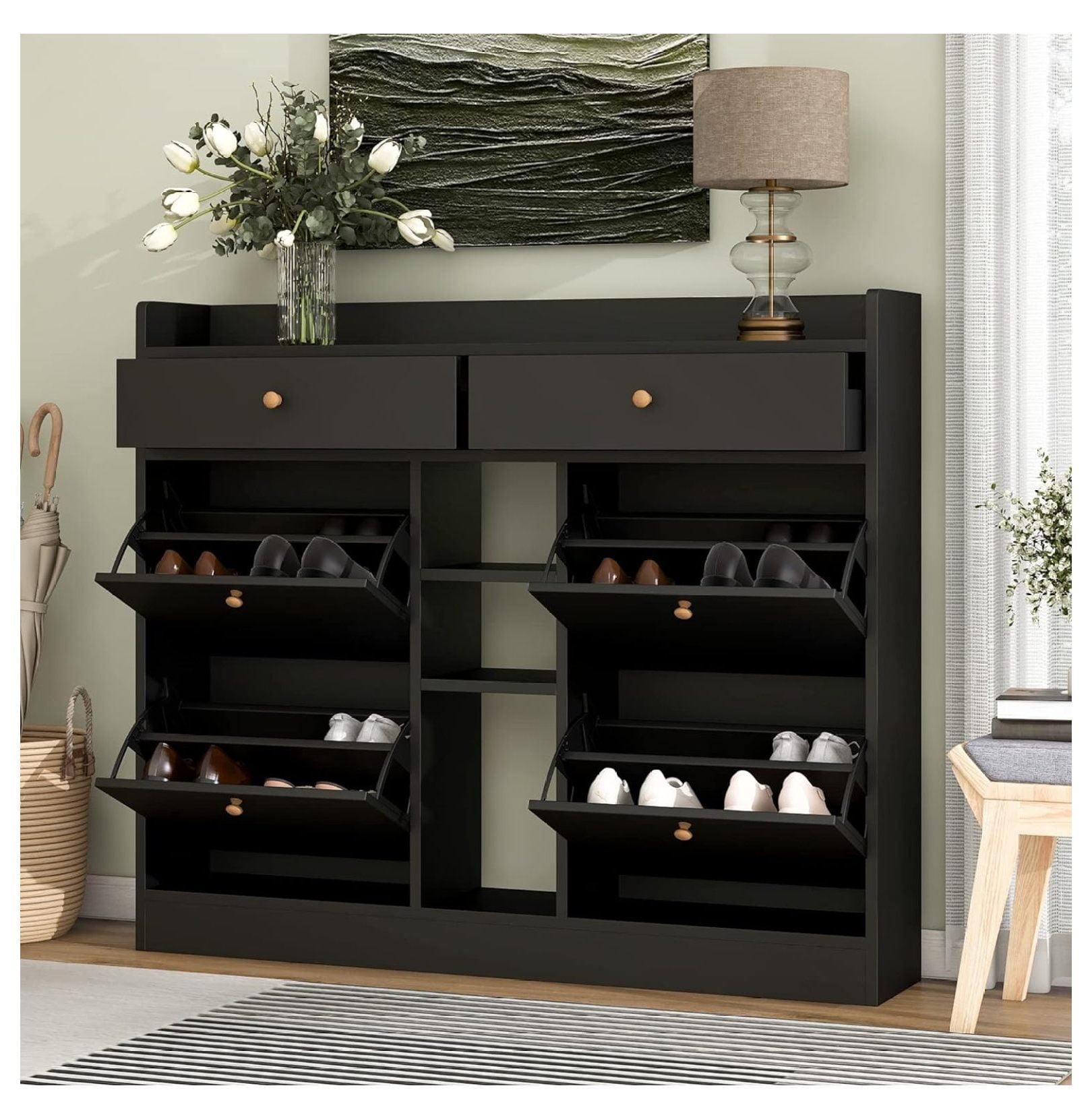 Shoe Cabinet with 4 Drawers, Shoe Rack with 2-Tier Shelf, Freestanding ...