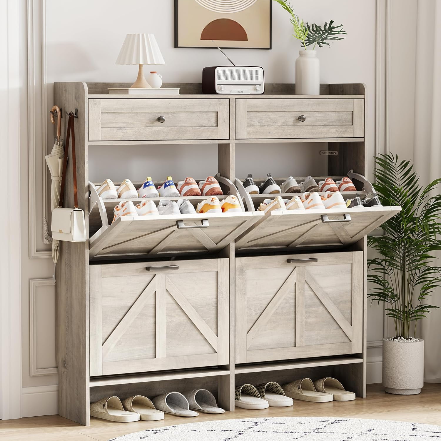 Shoe Cabinet with 4 Flip Drawers & 2 Top Drawers, 43" Tall Freestanding ...