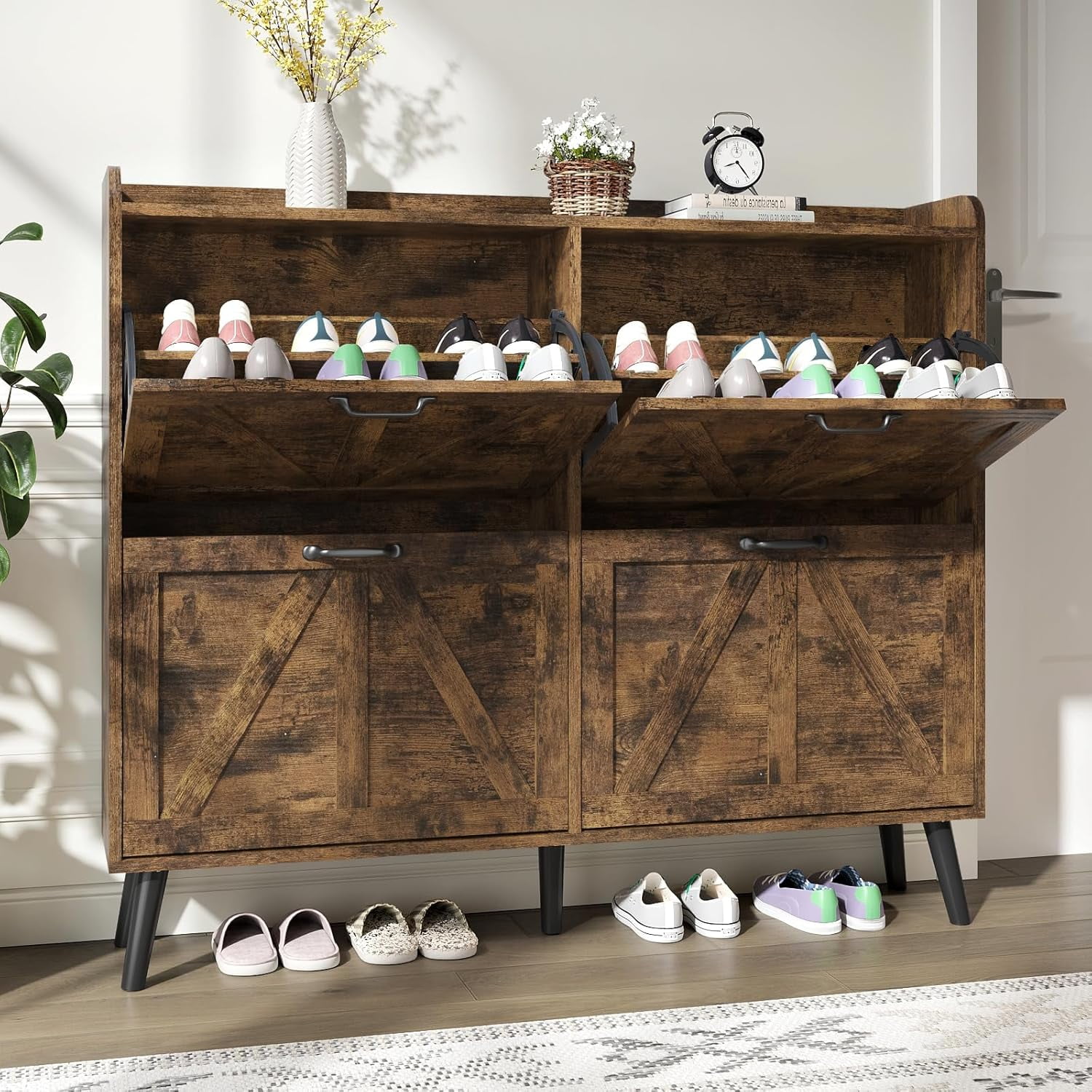 Shoe Cabinet with 4 Flip Drawers, Farmhouse Shoe Organizer Cabinet ...