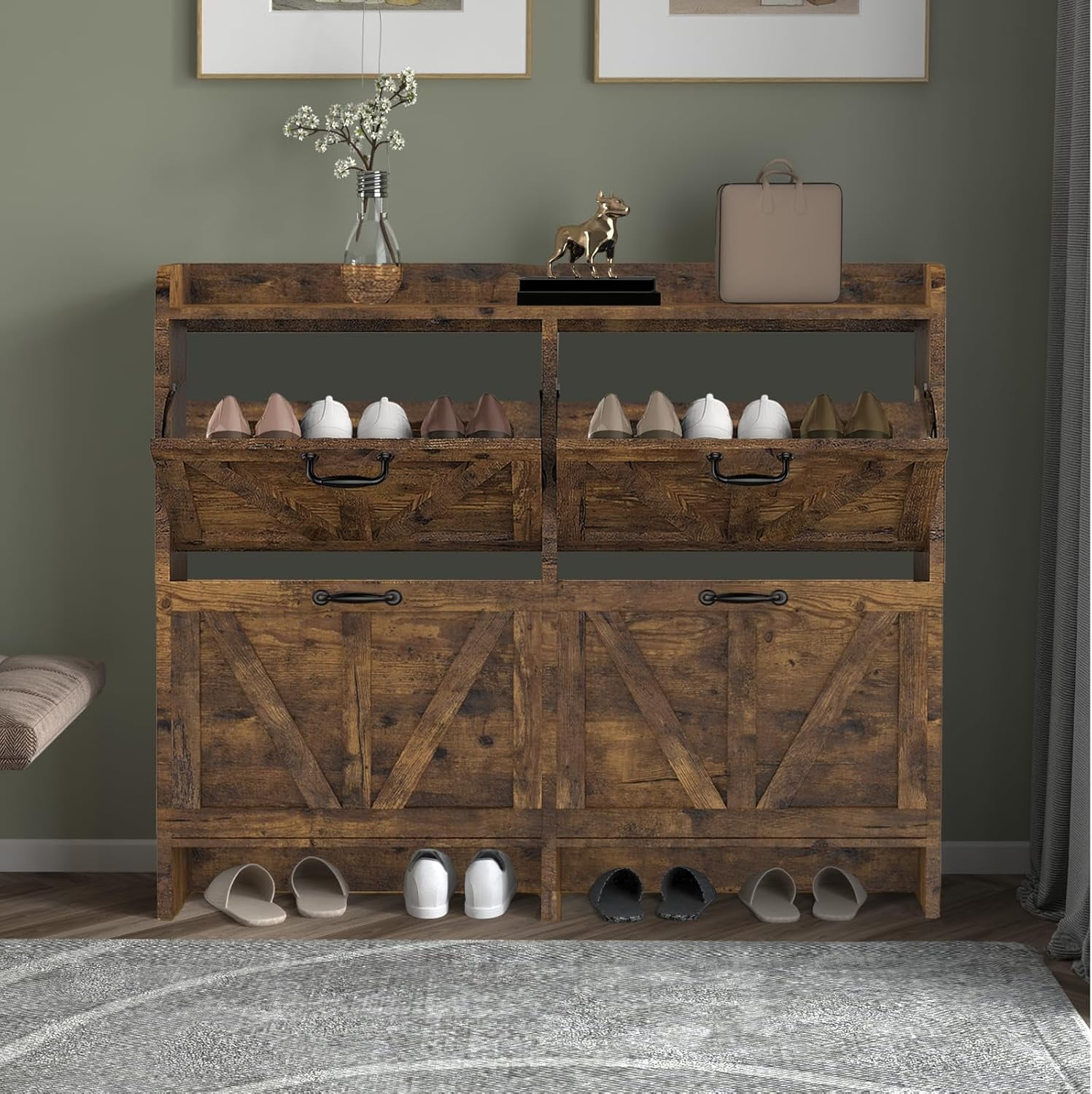 Shoe Cabinet with 4 Flip Drawers Farmhouse Shoe Storage Cabinet with ...