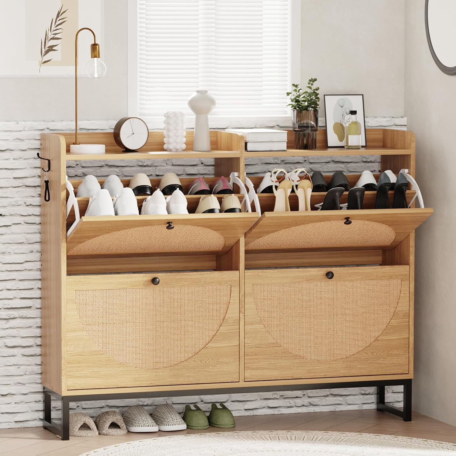 Shoe Cabinet with 4 Flip Drawers, Natural Rattan Freestanding Shoe ...