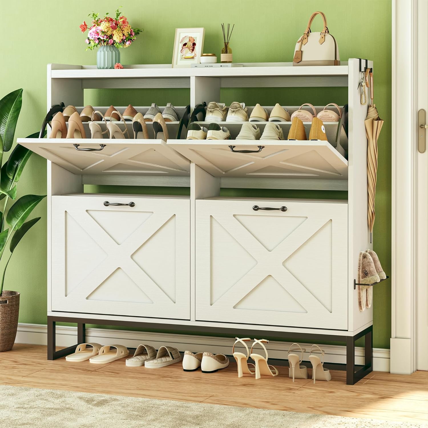 Shoe Cabinet with 4 Flip Drawers, Shoe Storage Cabinet with Mounted ...