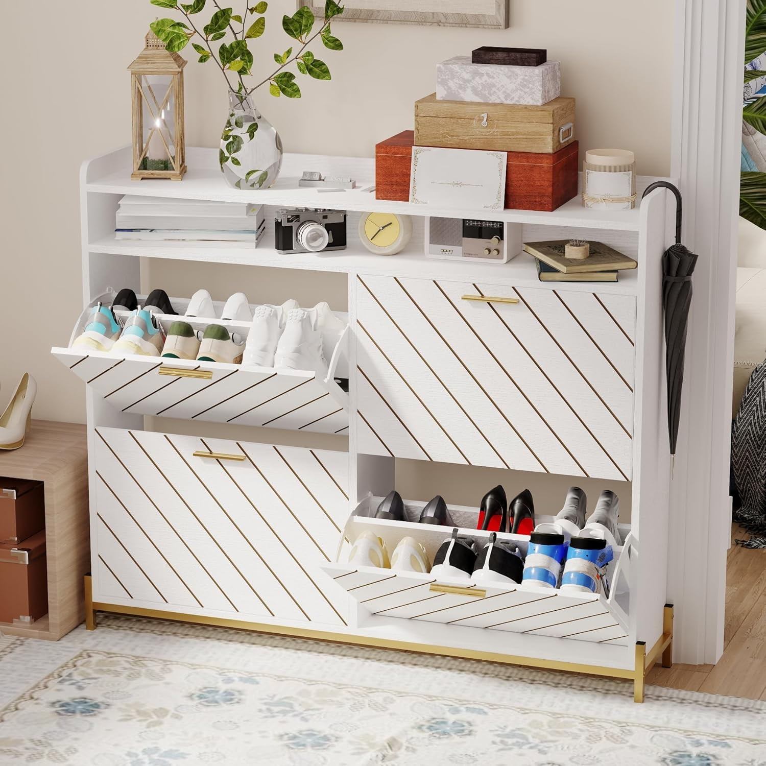 Shoe Cabinet with 4 Flip Drawers with Storage Cubby, Freestanding Shoe ...