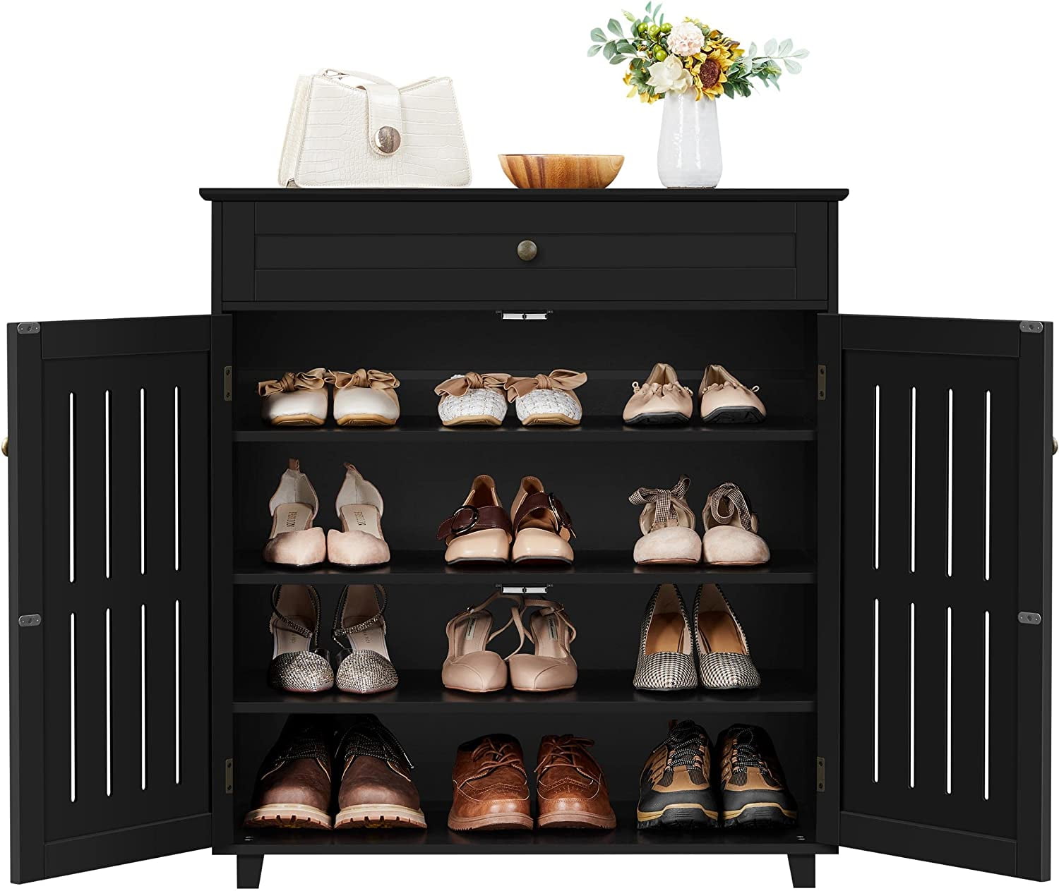 Shoe Cabinet, 4-Tier Shoe Storage Cabinet with Drawer & Adjustable ...
