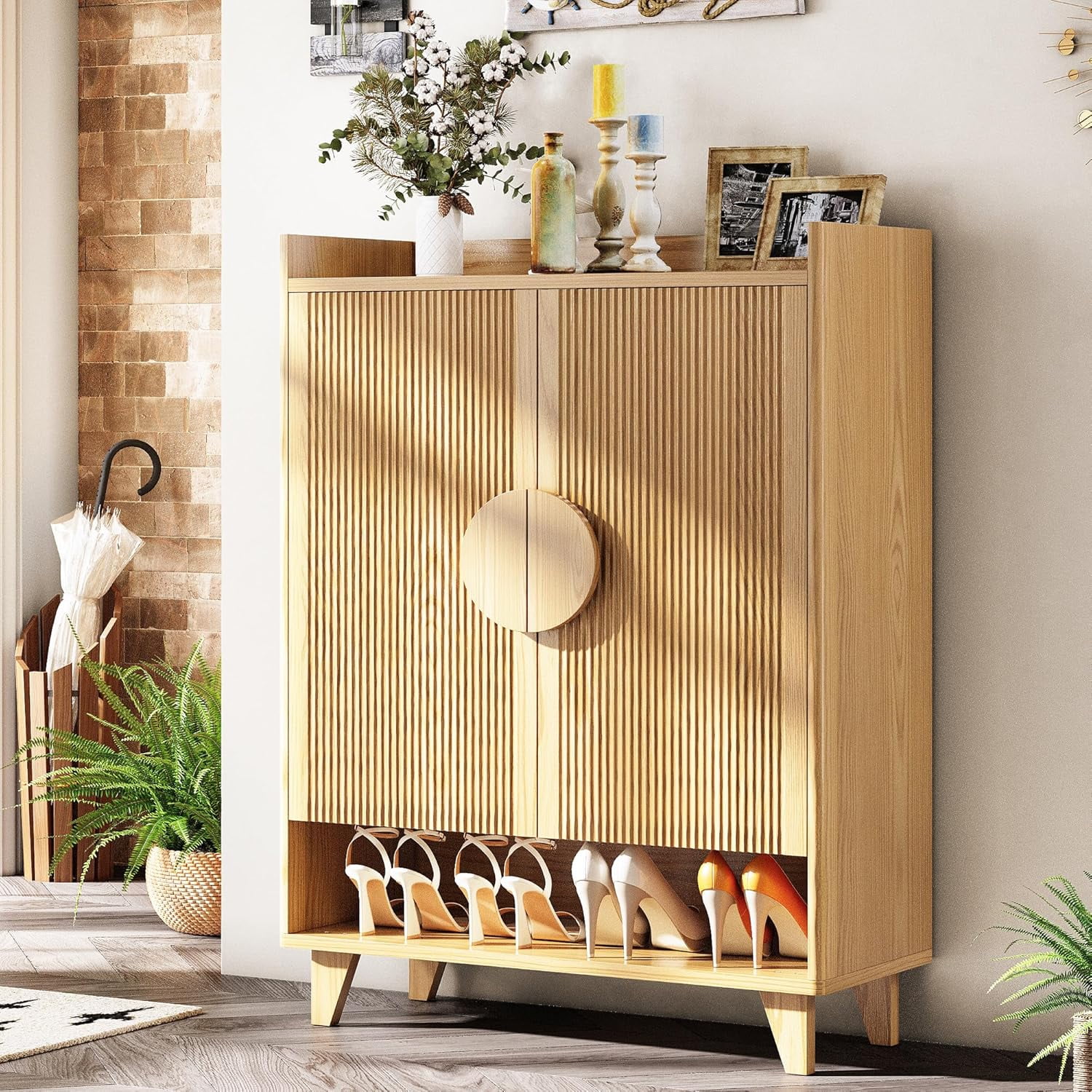 Shoe Cabinet, 45.5" Tall Shoe Organizer with Fluted Doors, Shoe Rack ...