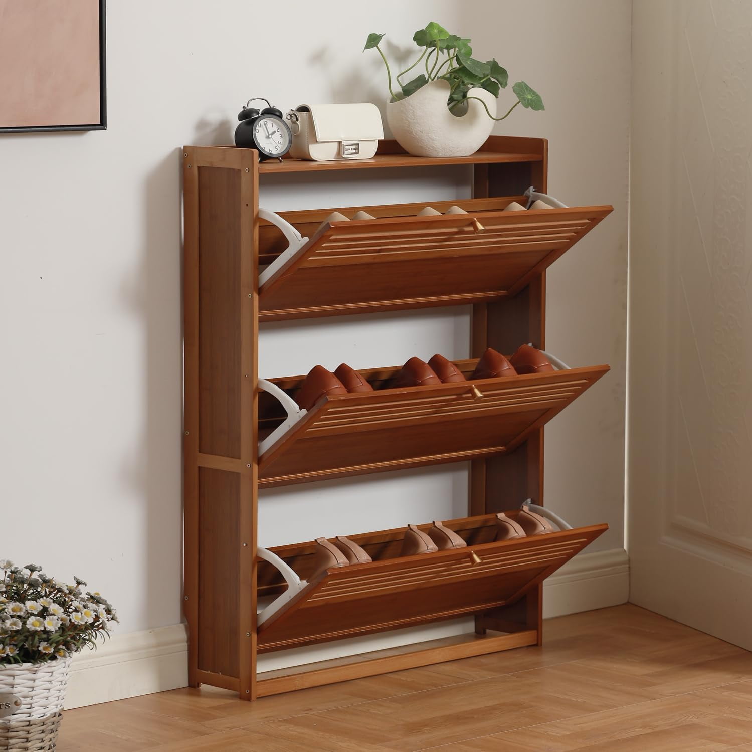 Shoe Cabinet, Bamboo Shoe Storage Cabinet with 3 Flip Drawers, Free ...