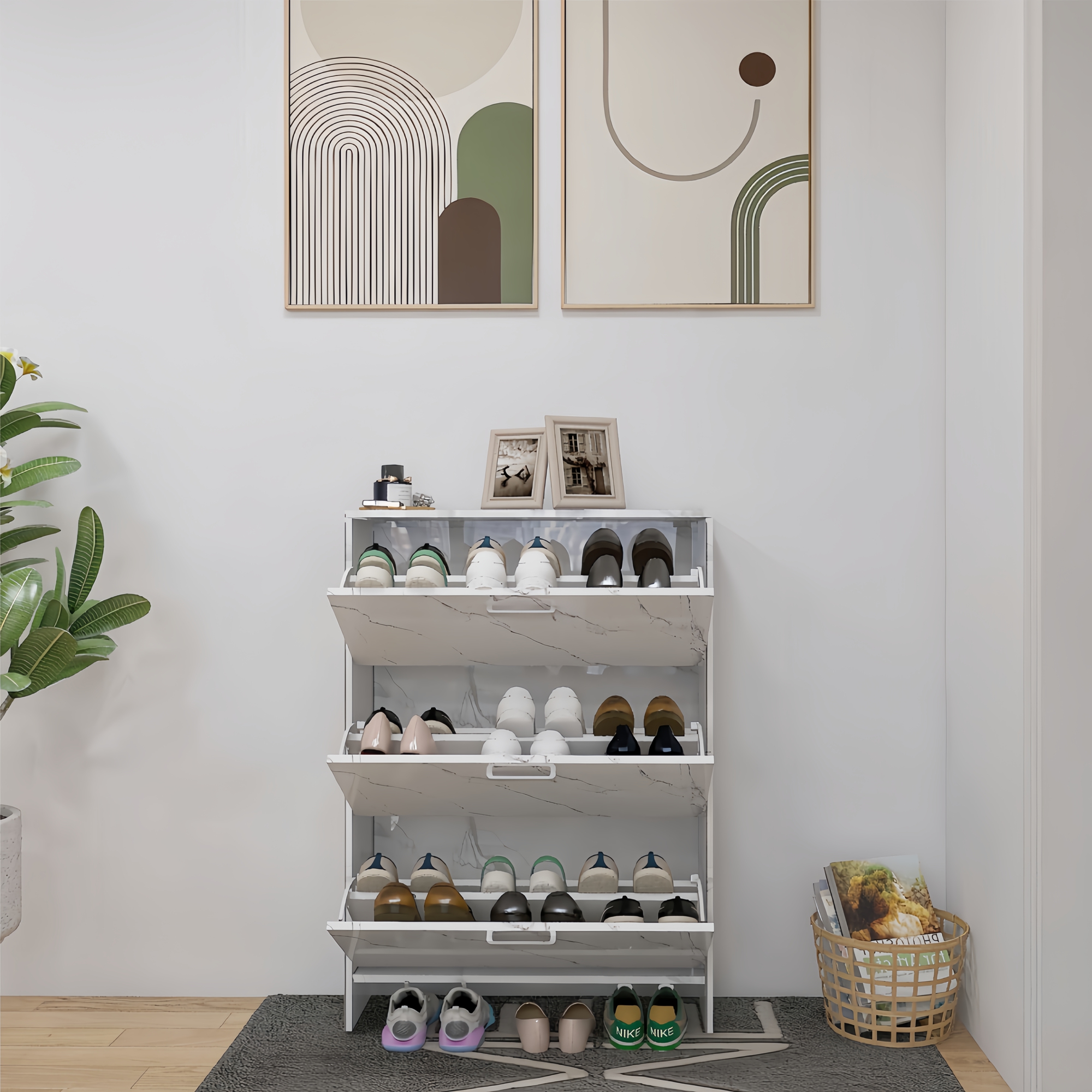 Shoe Cabinet, Chic High Gloss Shoe Storage, Space-Saving 3-Door Shoe ...