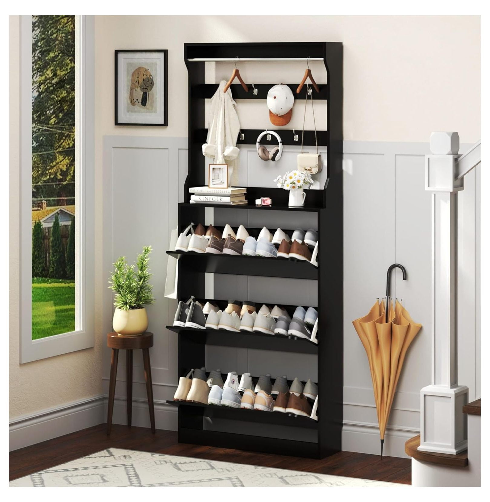 Shoe Cabinet for Entryway with 3 Drawers, Black Tall Wood Shoe Storage ...